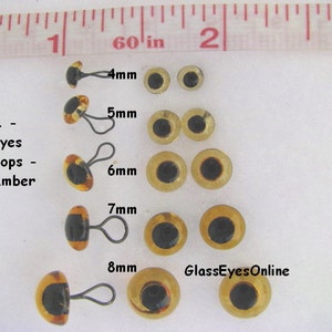 12 PAIR 4mm or 5mm or 6mm or 7mm or 8mm Glass EYES Wire Loops Choose ...