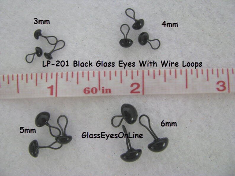 8 Pair Glass Eyes Sew on Wire Loops Black Asst. Sizes 3mm to 6mm Needle ...