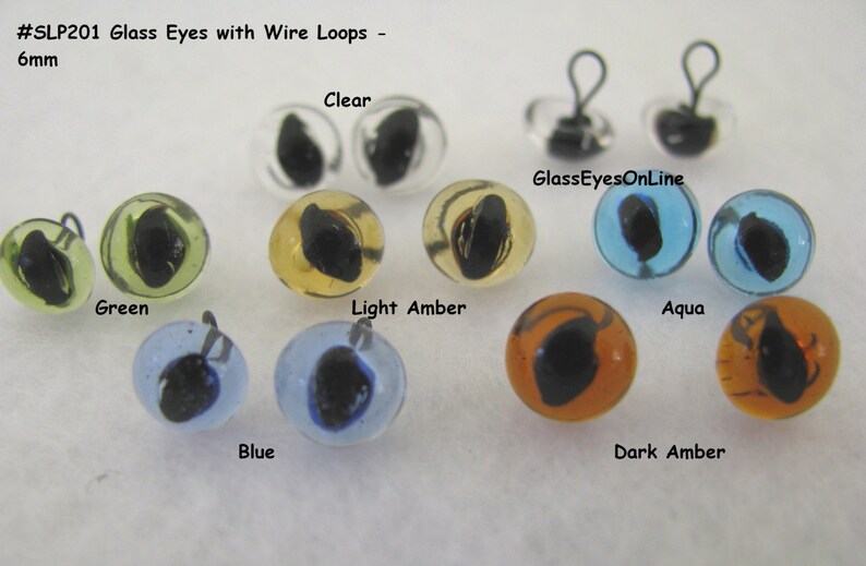 6 PAIR Glass Eyes With SLIT Pupils on Wire Loops 6mm or 7mm or 8mm for ...