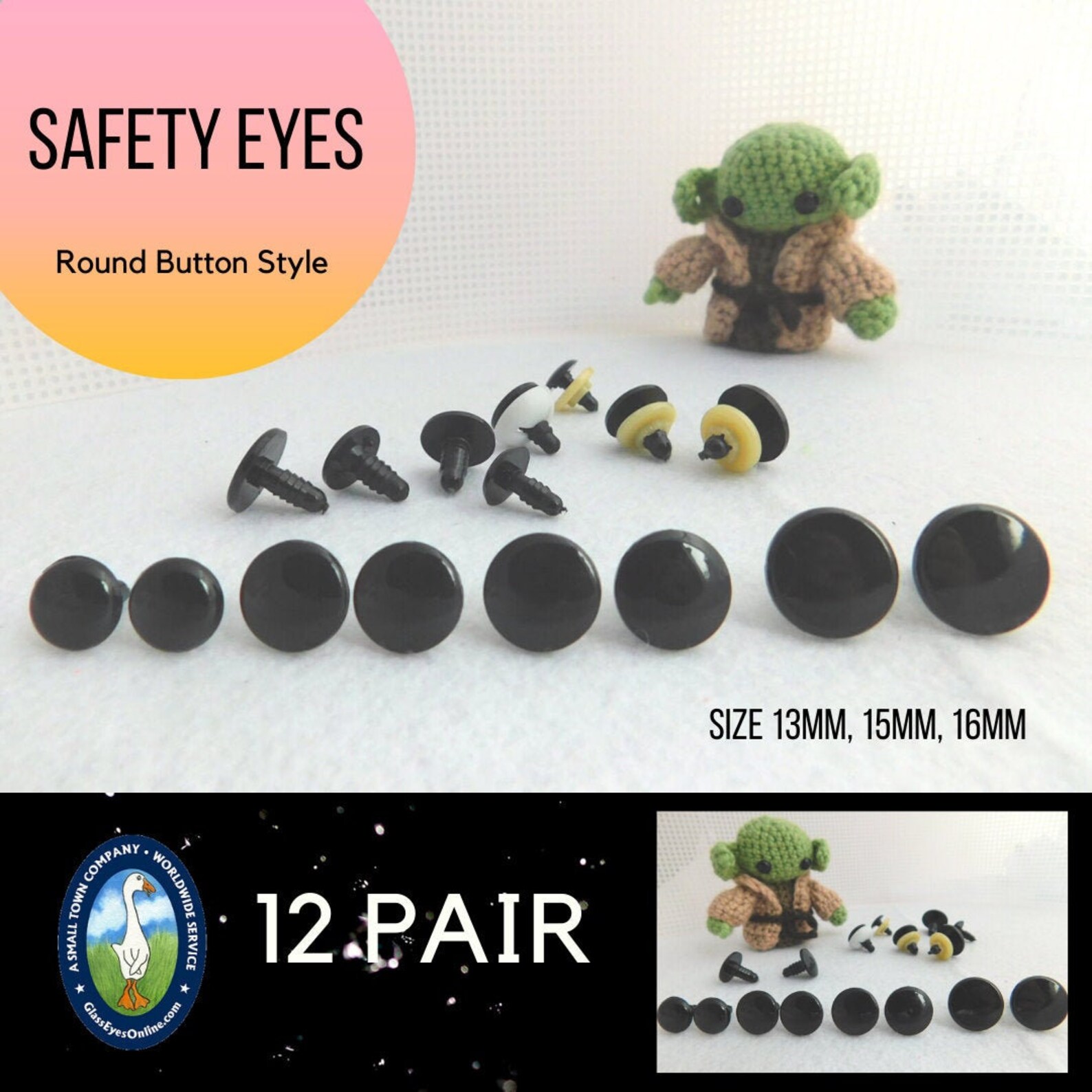 12 Pair Round Flat Safety Eyes Noses Buttons BLACK 13mm 15mm | Etsy