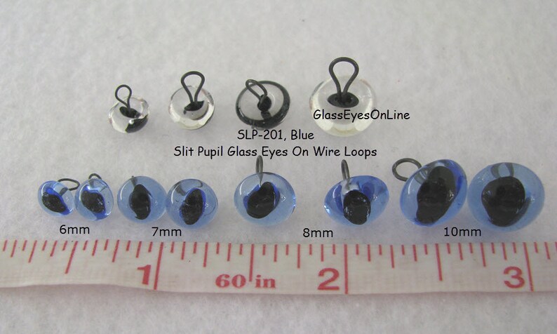 6 PAIR Glass Eyes With SLIT Pupils on Wire Loops 6mm or 7mm or 8mm for ...