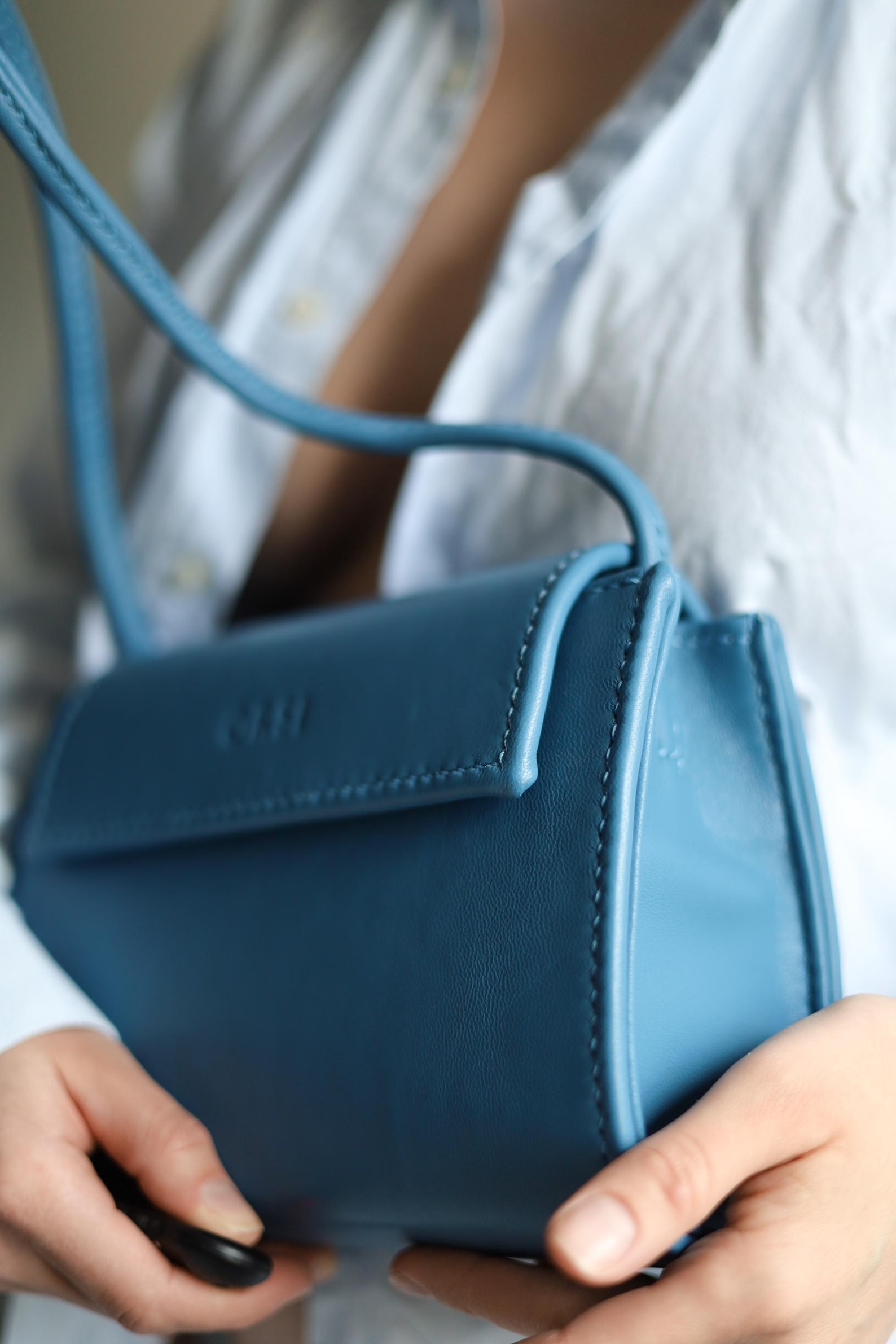 Blue Leather Crossbody Bag - Structured Design, Genuine Leather Purse ...