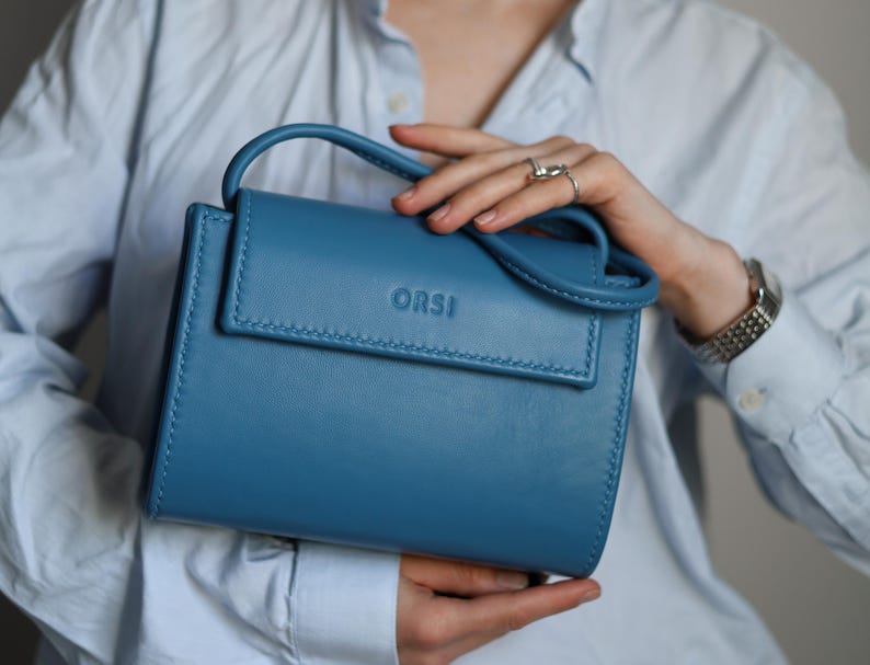 Blue Leather Crossbody Bag - Structured Design, Genuine Leather Purse ...