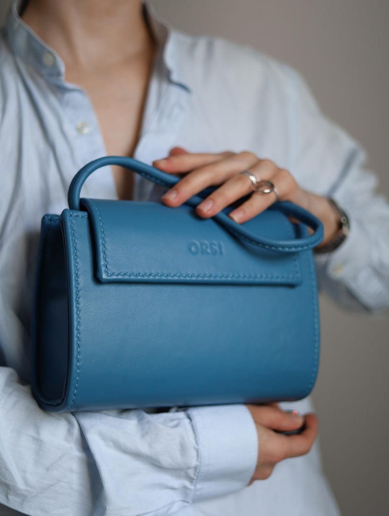 Blue Leather Crossbody Bag - Structured Design, Genuine Leather Purse ...