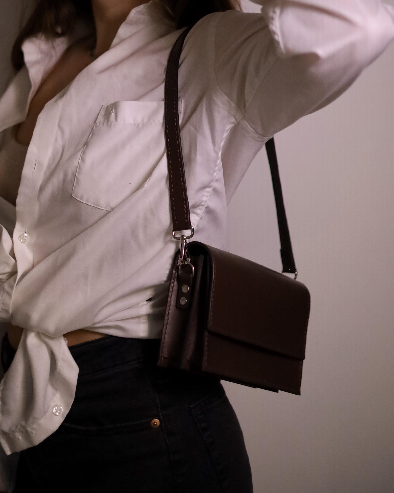 Dark Brown Leather Crossbody Bag Structured Design, Magnetic Closure ...