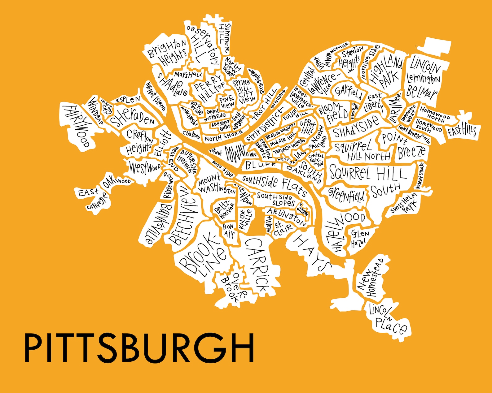 Pittsburgh City Neighborhood Map Hand-drawn Print - Etsy