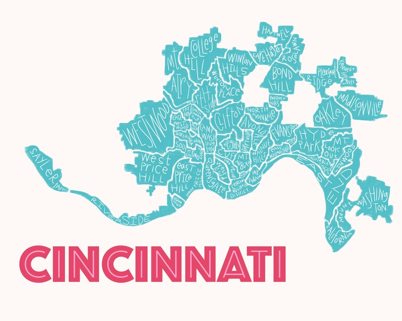 Cincinnati Neighborhood Map Hand-drawn Print - Etsy
