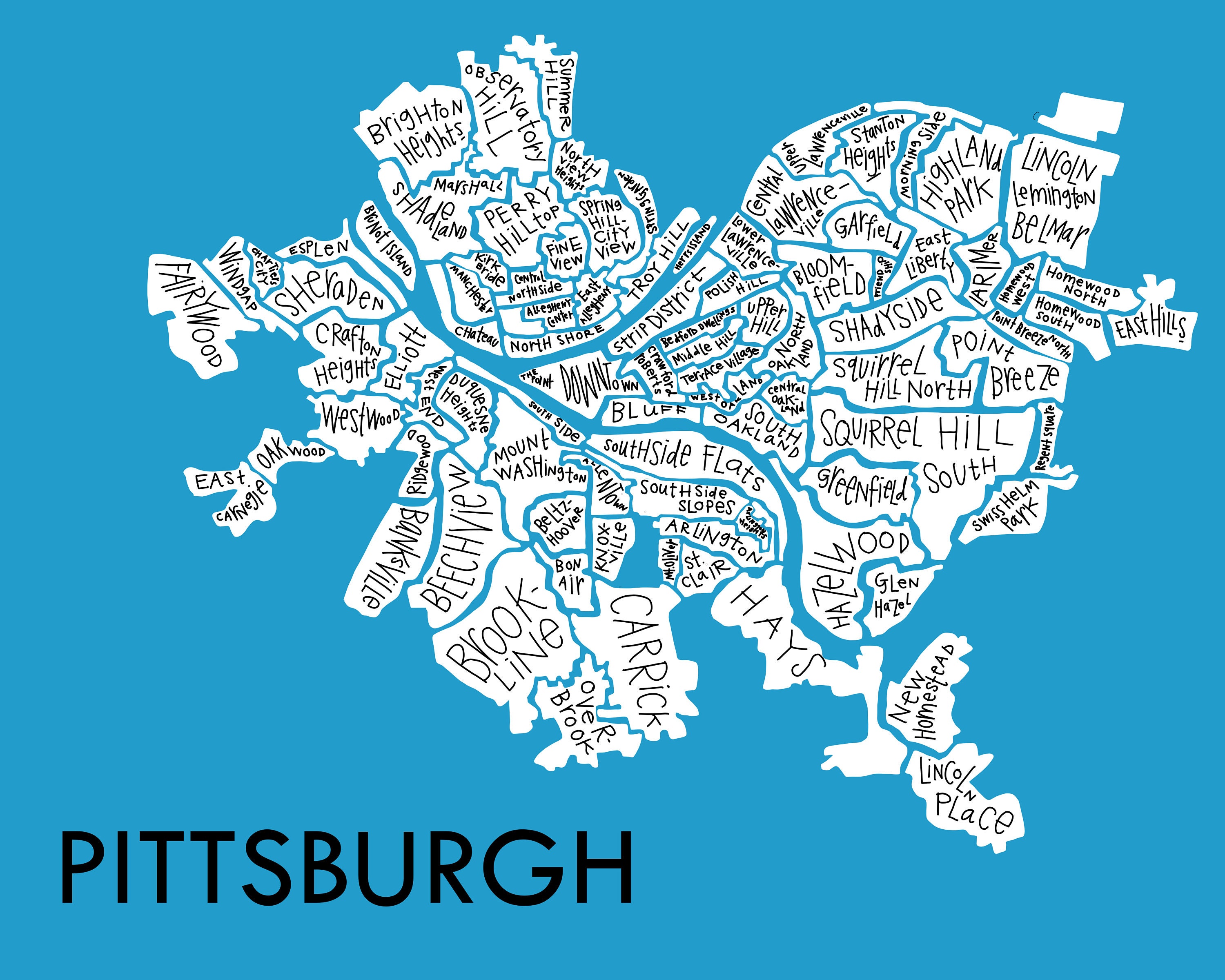 Pittsburgh City Neighborhood Map Hand-drawn Print - Etsy