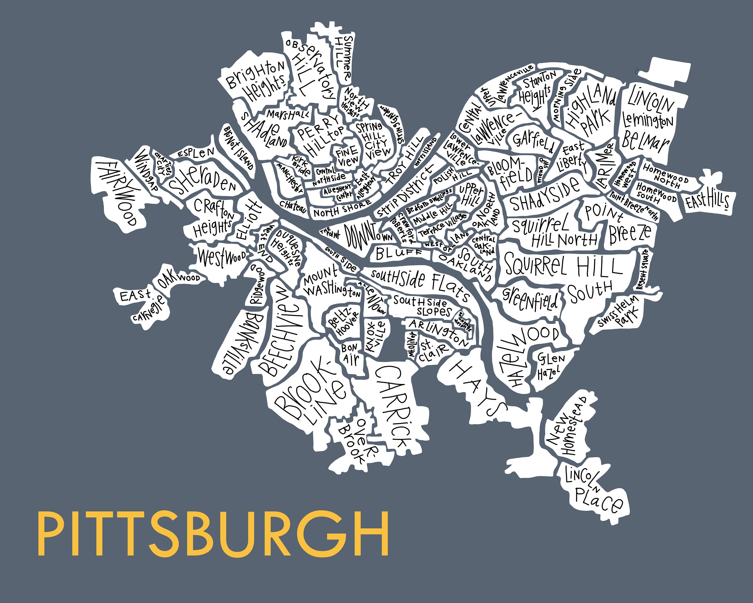 Pittsburgh City Neighborhood Map Hand-drawn Print - Etsy