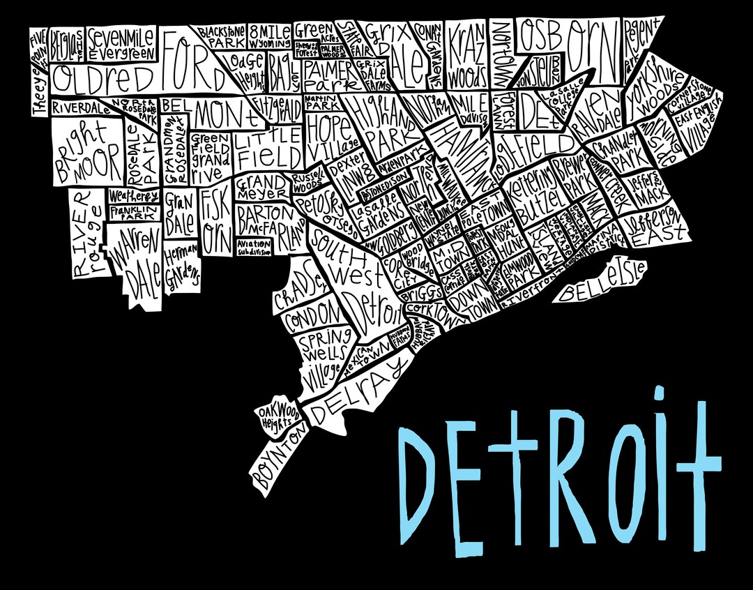 Detroit City Neighborhood Hand-drawn Map Print - Etsy