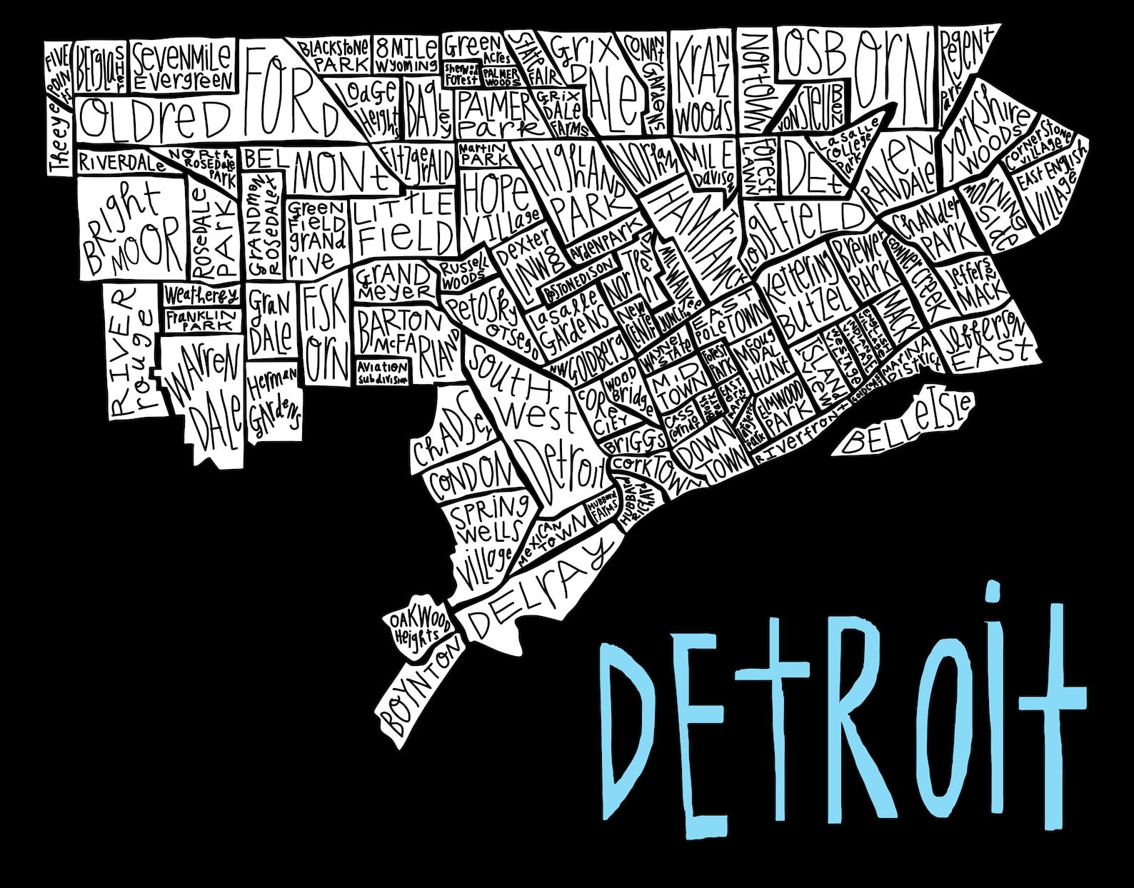 Detroit City Neighborhood Hand-drawn Map Print - Etsy