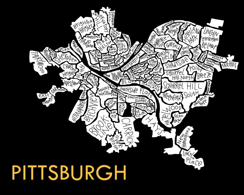 Pittsburgh City Neighborhood Map Hand-drawn Print - Etsy