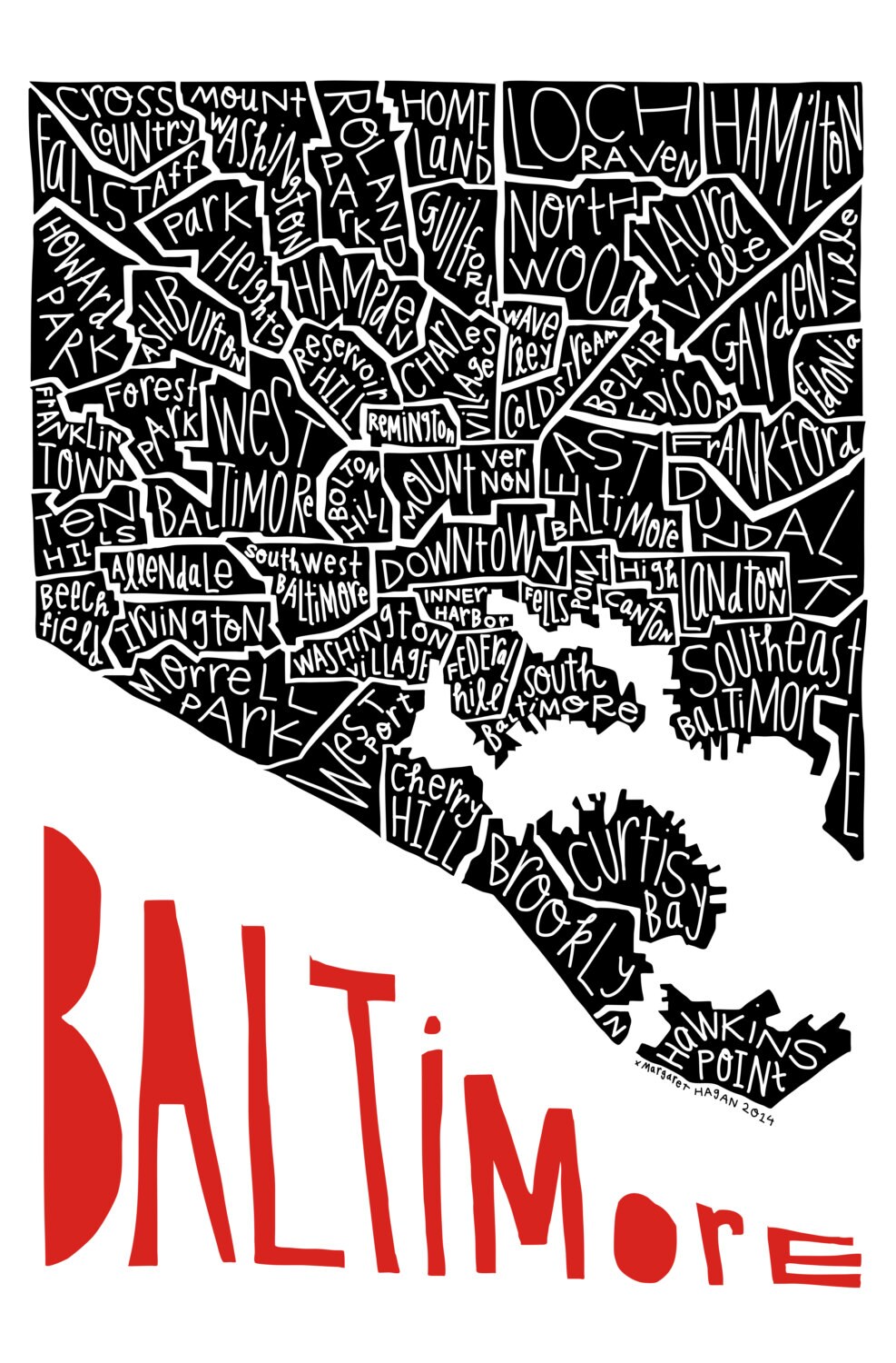 Baltimore City Neighborhood Map Hand-drawn Print | Etsy