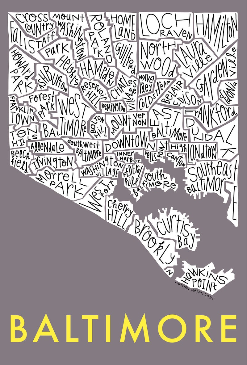 Baltimore City Neighborhood Map Hand-drawn Print - Etsy
