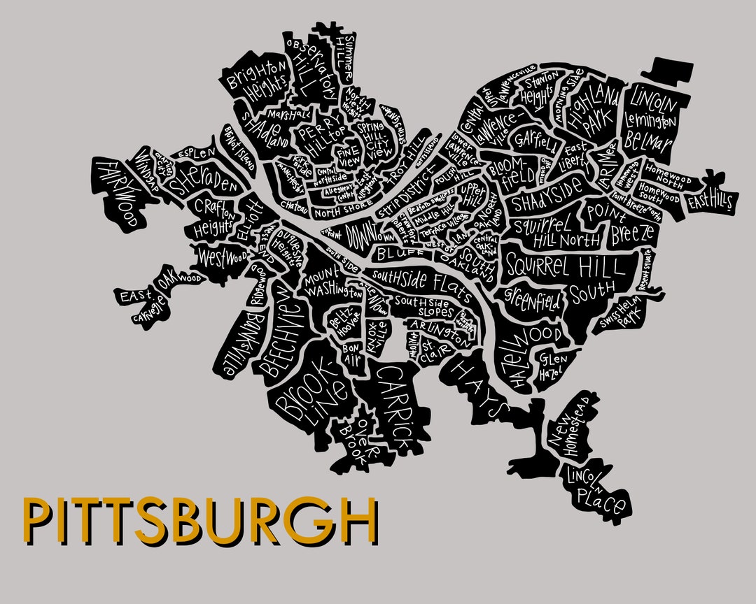 Pittsburgh City Neighborhood Map Hand-drawn Print - Etsy