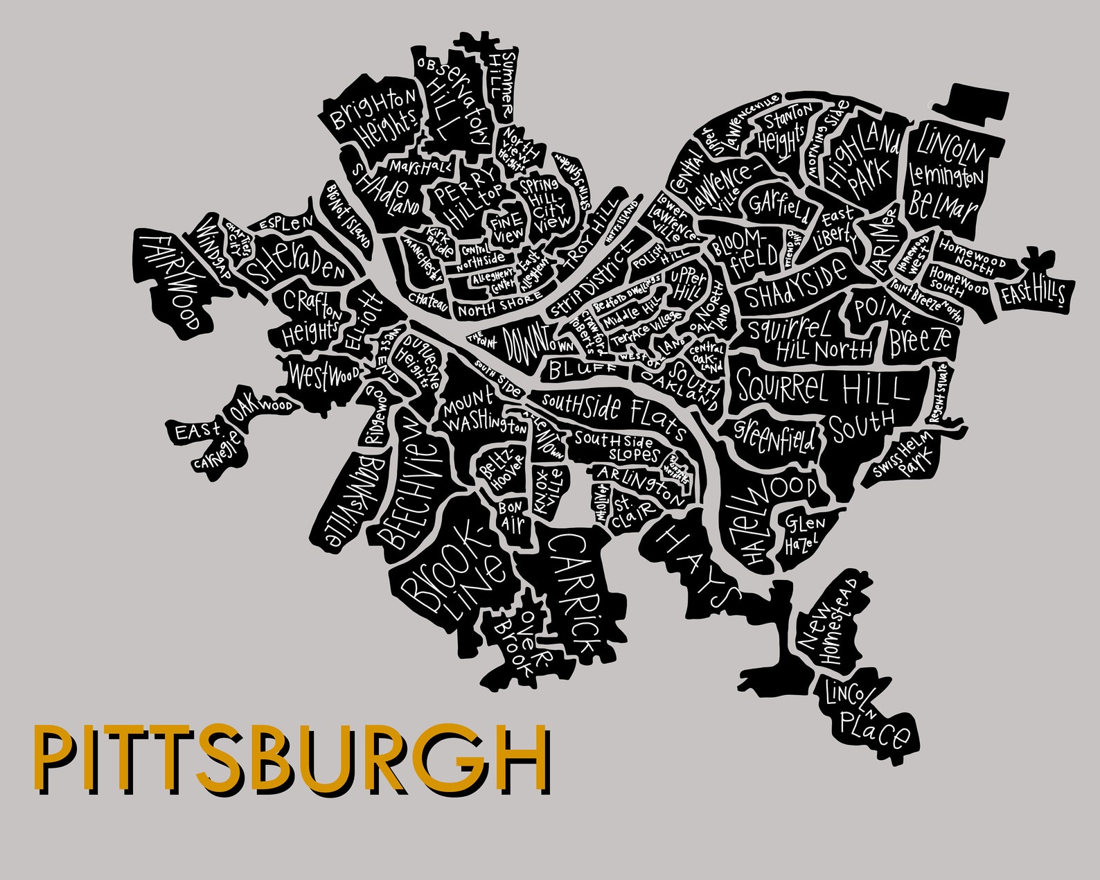 Pittsburgh City Neighborhood Map Hand-drawn Print - Etsy