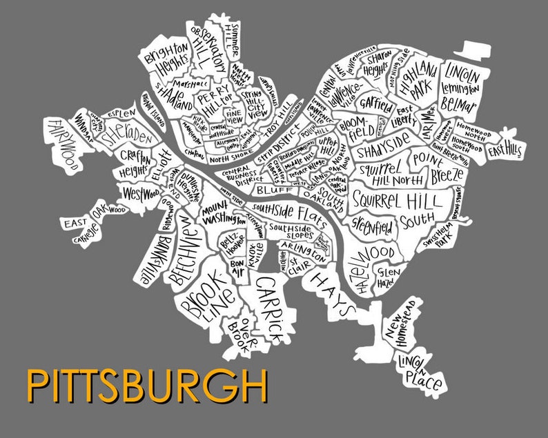 Pittsburgh City Neighborhood Map Hand-drawn Print | Etsy