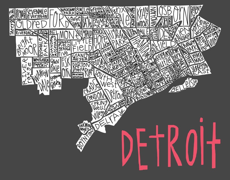 Detroit City Neighborhood Hand-drawn Map Print - Etsy