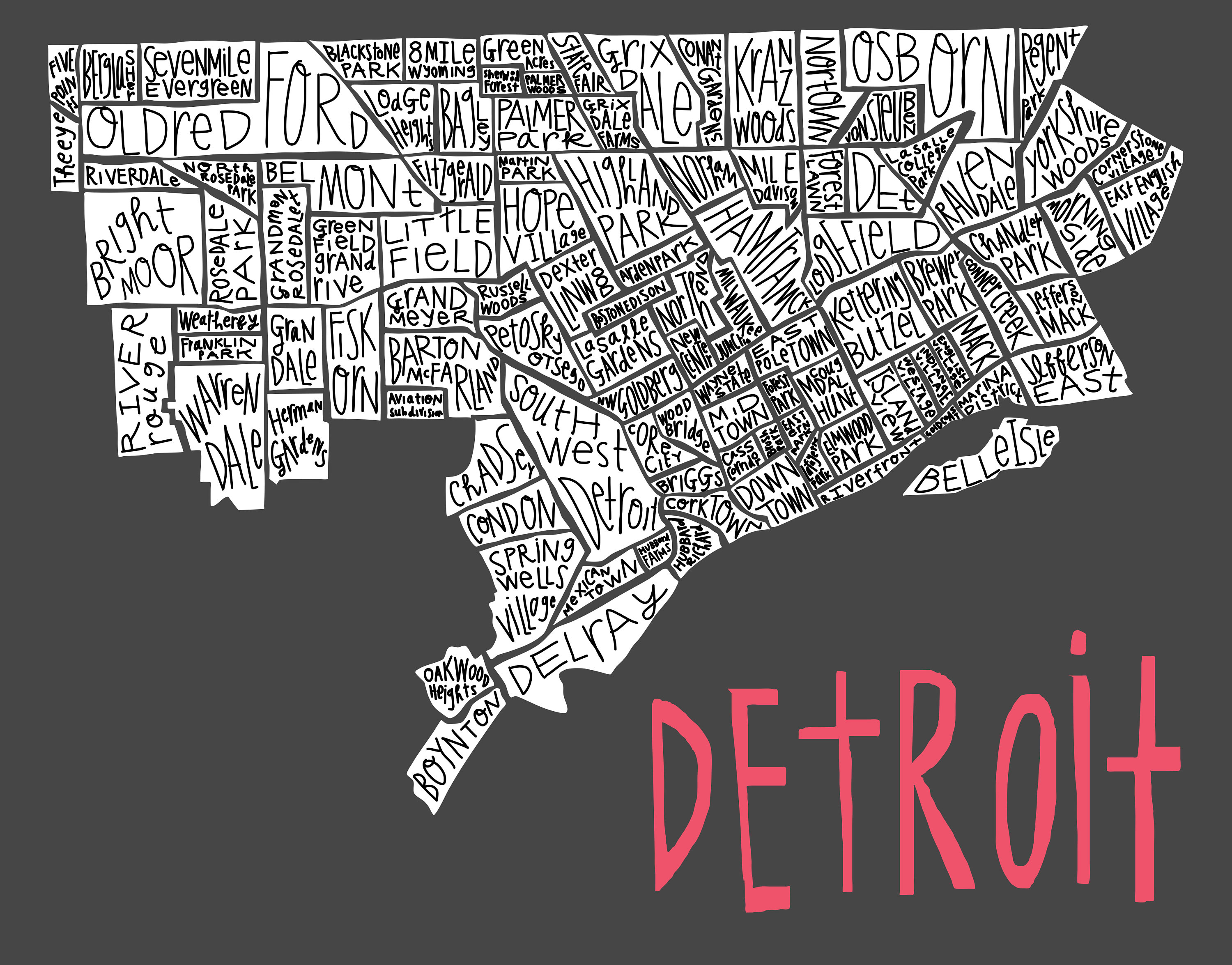 Detroit City Neighborhood Hand-drawn Map Print - Etsy