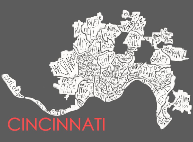Cincinnati Neighborhood Map Hand-drawn Print - Etsy