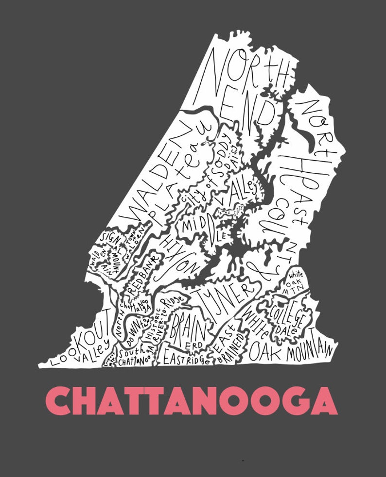 Chattanooga Neighborhood Hand-drawn Map Poster Print - Etsy