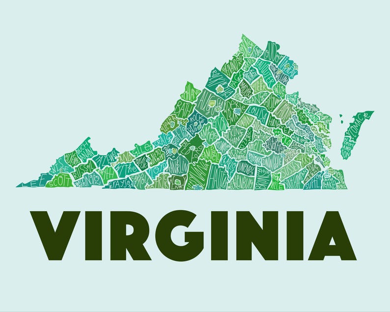 Virginia State Map, With Counties Hand-drawn - Etsy