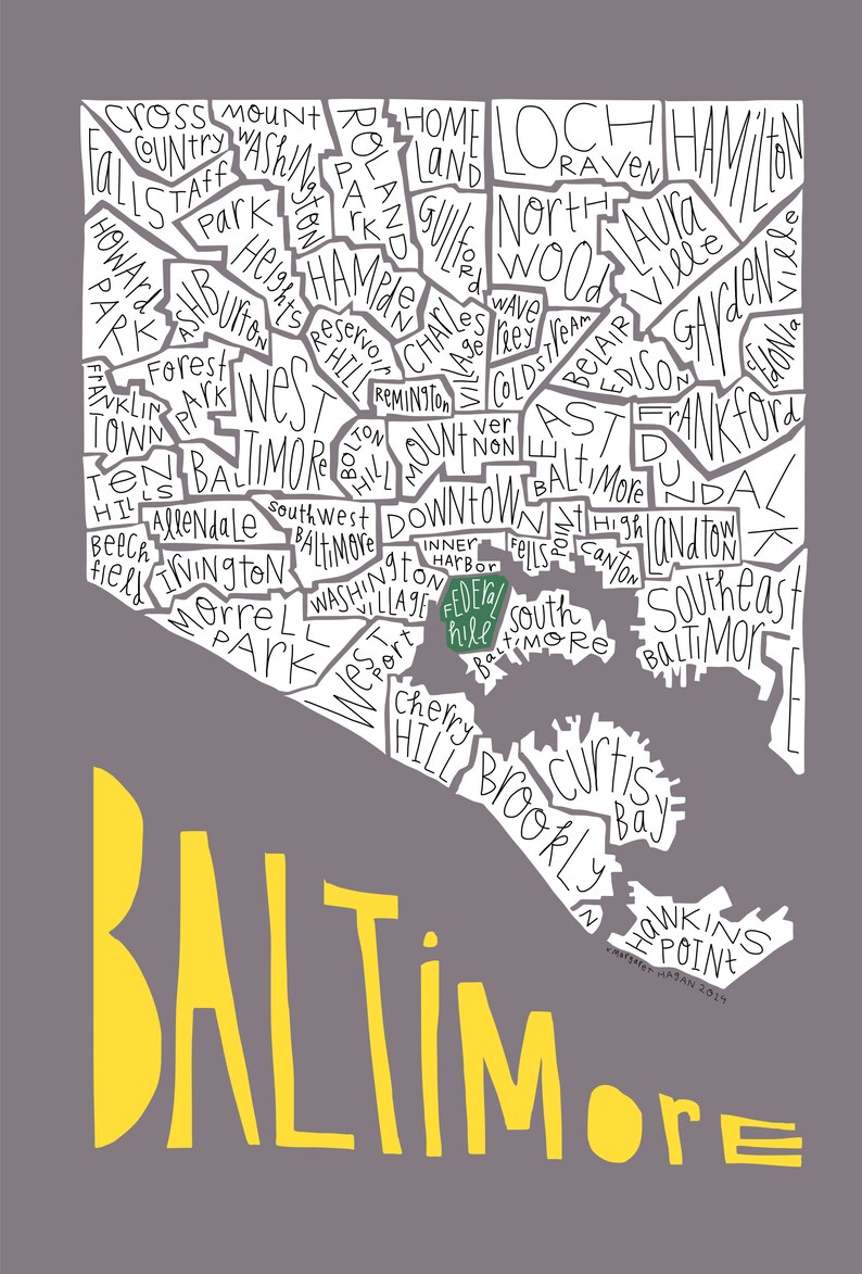 Baltimore City Neighborhood Map Hand-drawn Print - Etsy