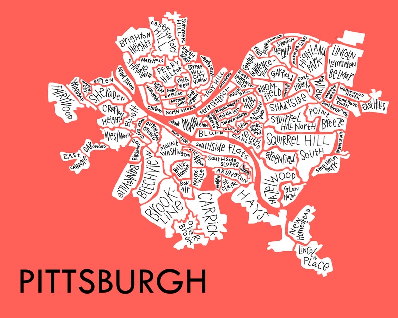 Pittsburgh City Neighborhood Map Hand-drawn Print - Etsy