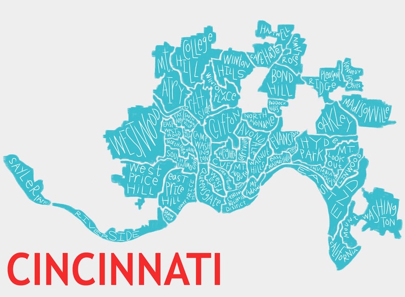 Cincinnati Neighborhood Map Hand-drawn Print - Etsy