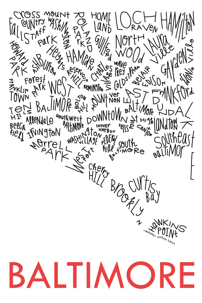 Baltimore City Neighborhood Map Hand-drawn Print - Etsy