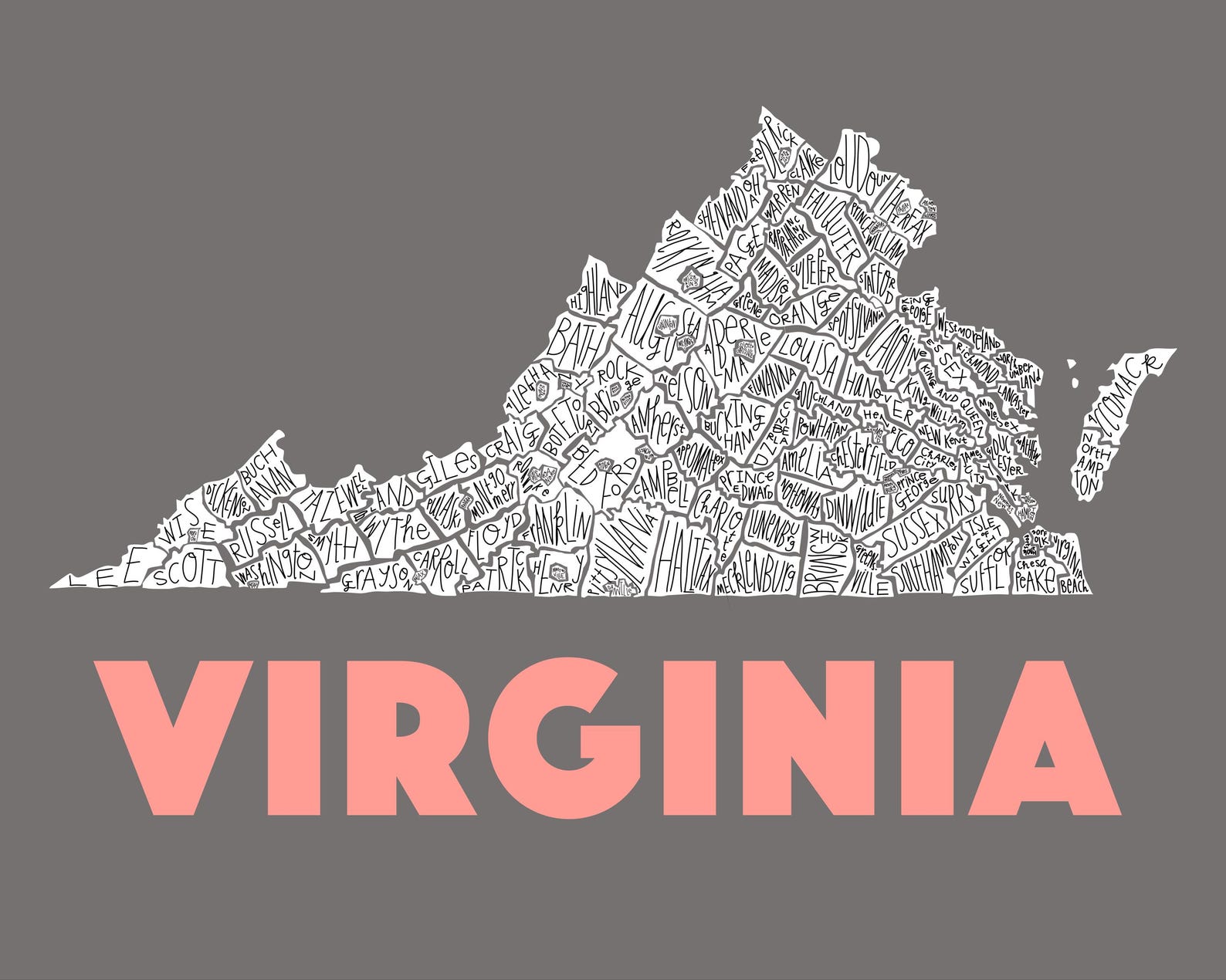 Virginia State Map, With Counties Hand-drawn - Etsy
