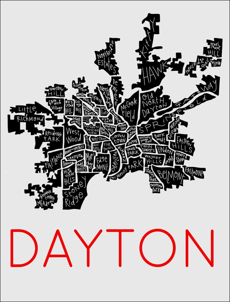 Dayton City Neighborhood Hand-drawn Map Print - Etsy