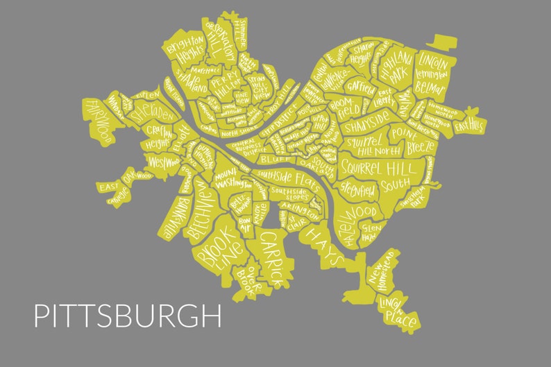 Pittsburgh City Neighborhood Map Hand-drawn Print | Etsy