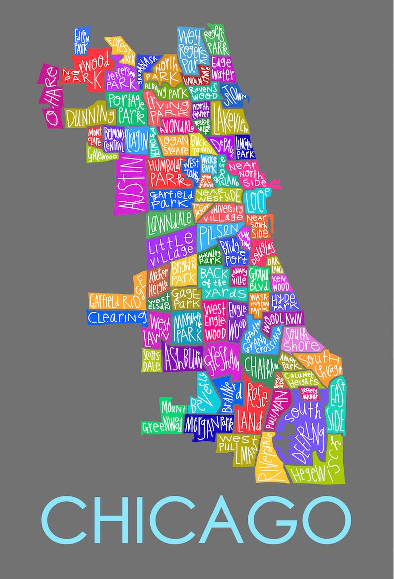 Chicago City Neighborhood Hand-drawn Map Print - Etsy