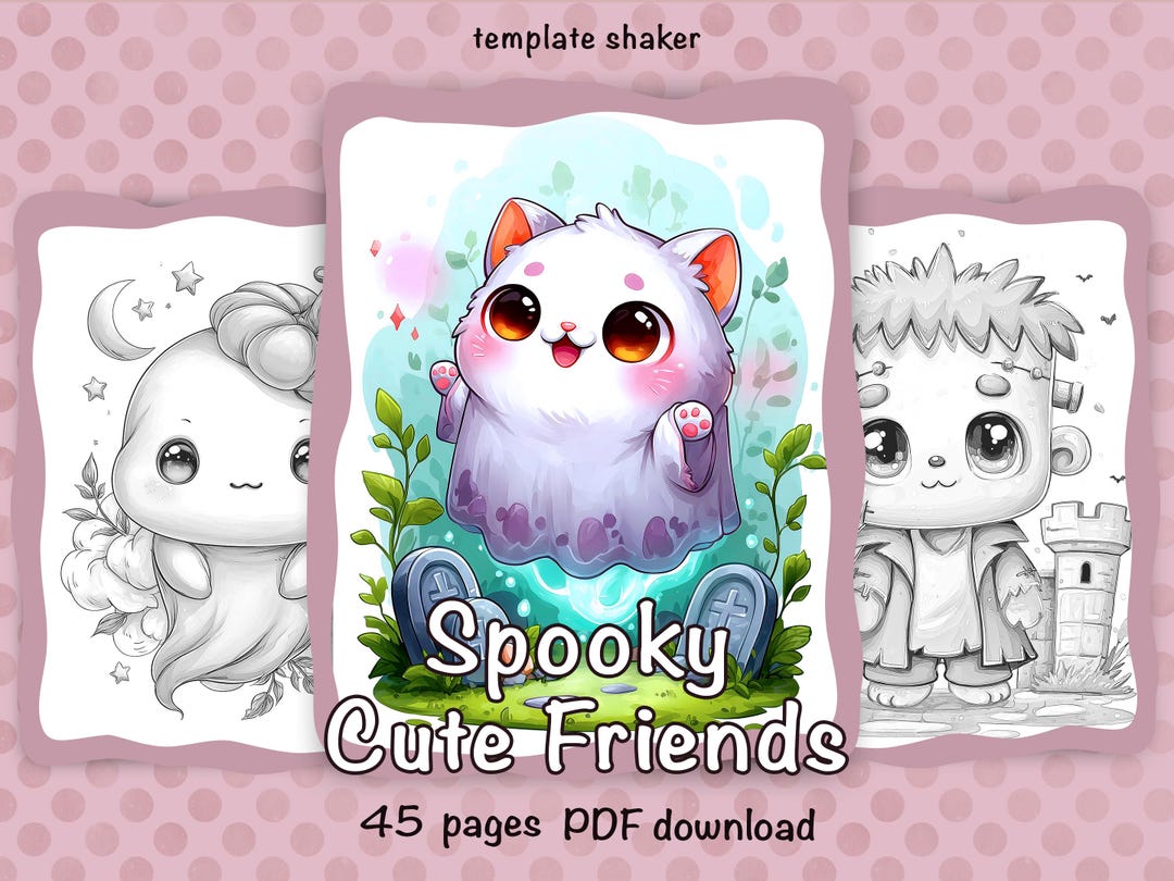 Spooky Kawaii Coloring Book: Halloween Creatures, Fun Easy Grayscale ...