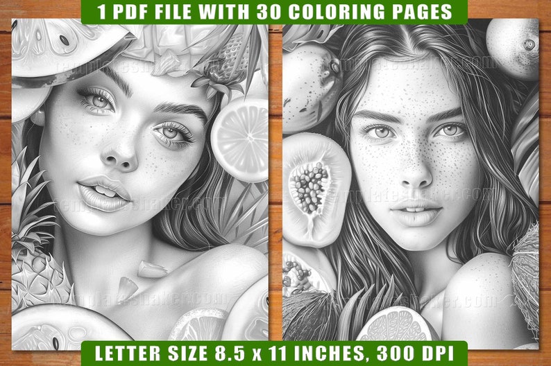30 Fruity Girls Portraits Fruit Fantasy Grayscale Coloring Book for ...