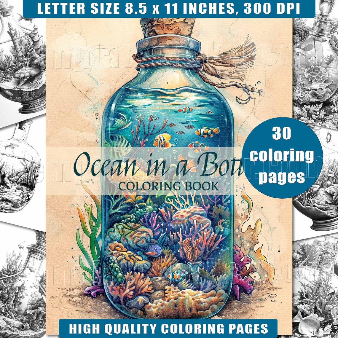 30 Ocean in A Bottle Coloring Pages Grayscale Coloring Book for Adults ...