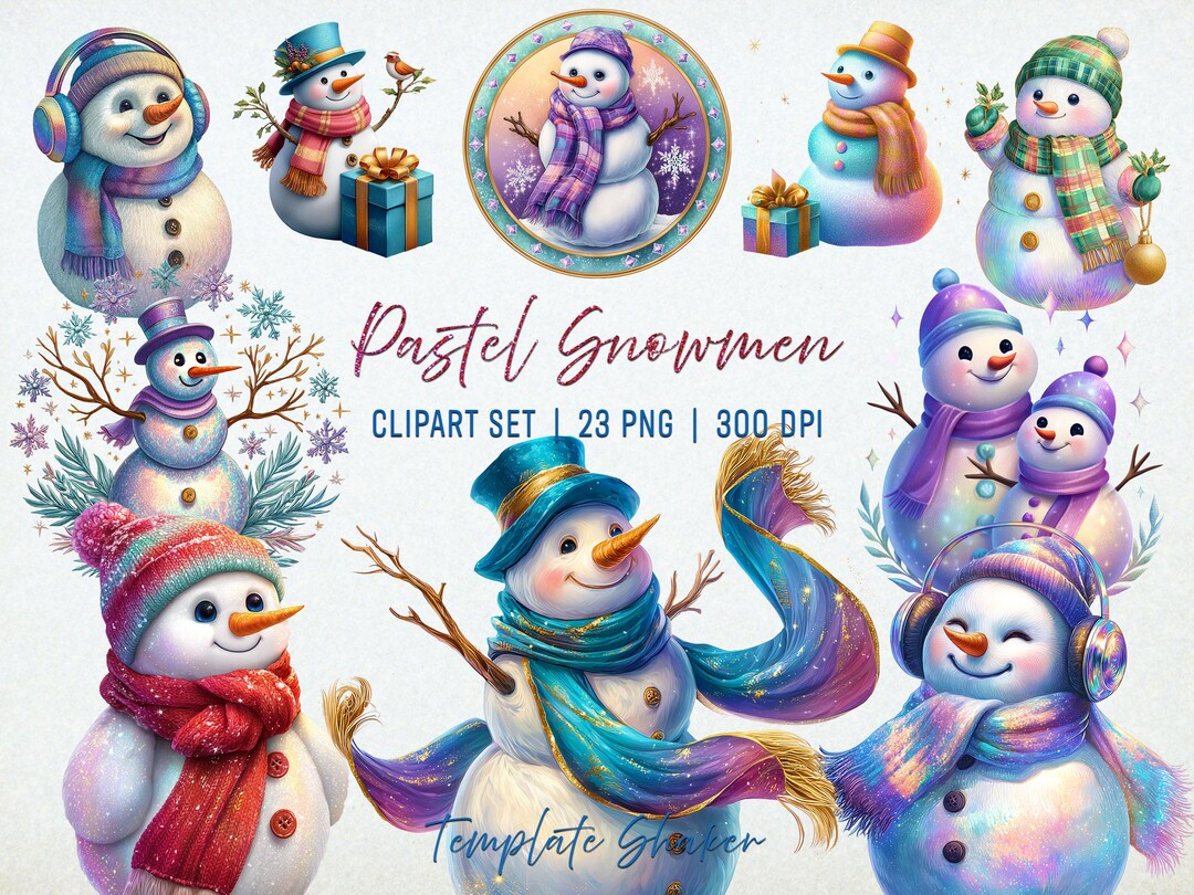 Pastel Snowmen Clipart Bundle, Winter PNG Set, Transparent Background ...