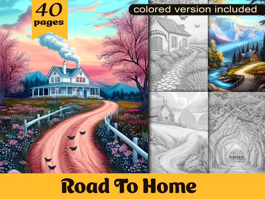 Coloring Book Road to Home Grayscale Coloring Pages for Adults Cozy ...