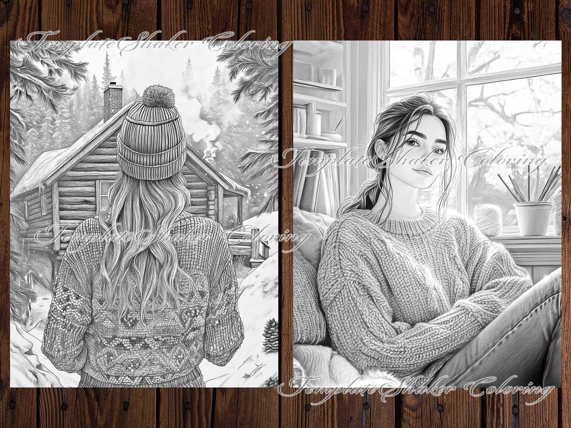 30 Women With Sweaters Coloring Pages, Fall Autumn Grayscale Coloring ...