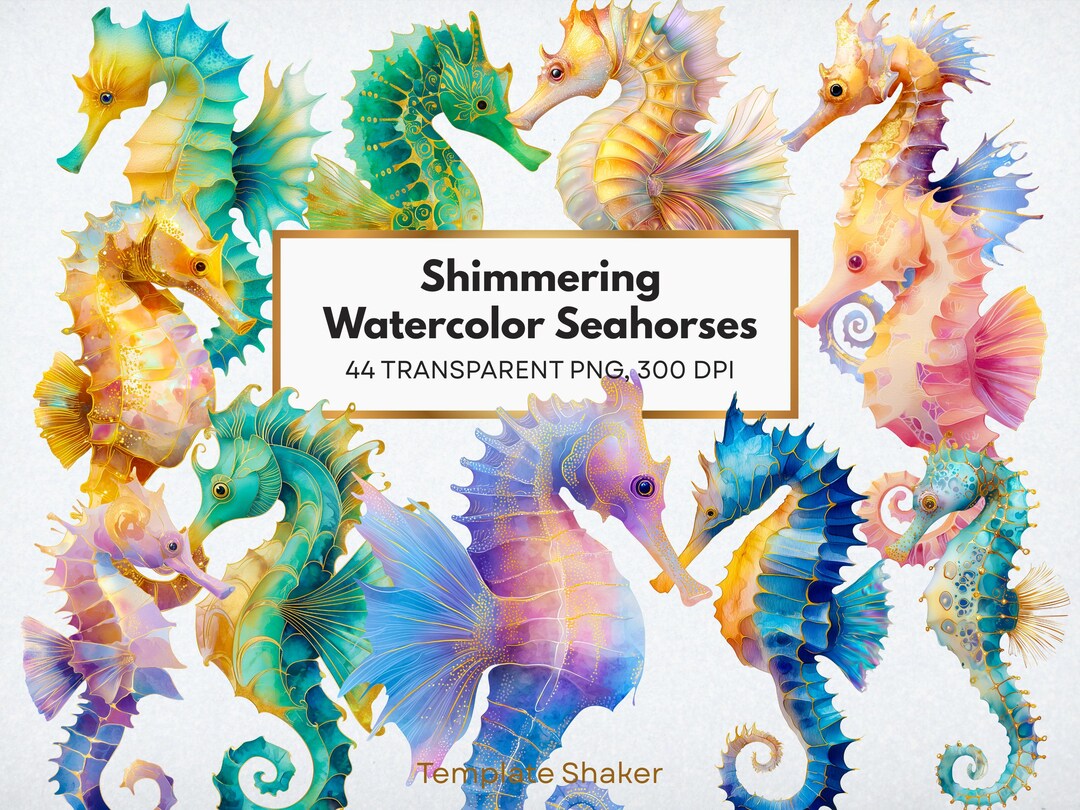 Shimmering Seahorses Watercolor Clipart Bundle, Transparent PNG Set ...