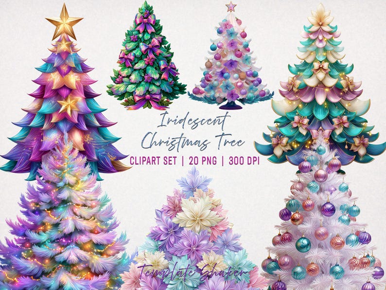 Iridescent Christmas Tree PNG Clipart, Holographic Holiday Set, Digital ...