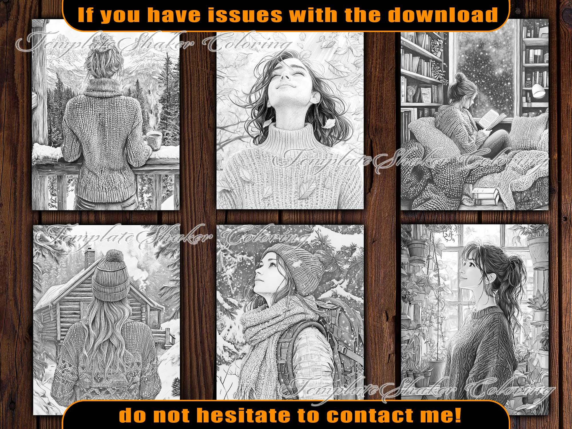 30 Women With Sweaters Coloring Pages, Fall Autumn Grayscale Coloring ...
