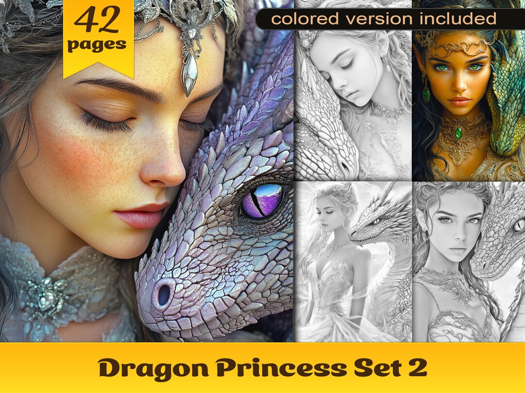 42 Dragon Princess Set 2 Coloring Pages, Elf Fairy Dragon Fantasy ...