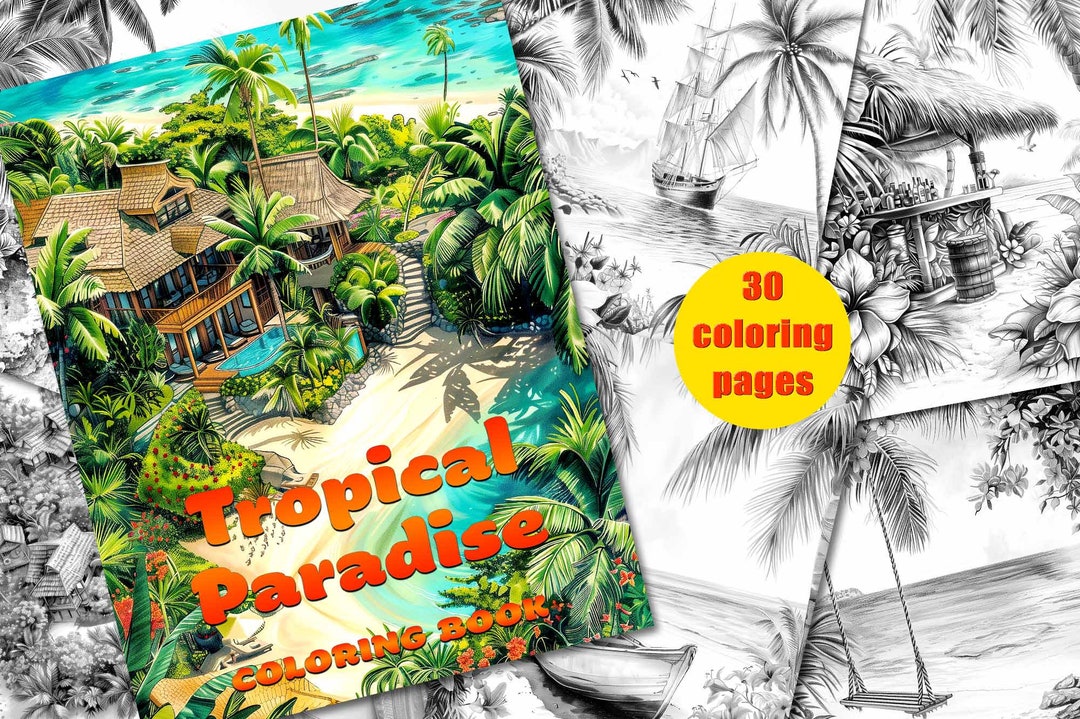 30 Tropical Island Beach Coloring Pages Printable Grayscale Coloring ...