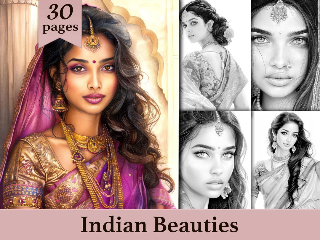 Indian Women Coloring Book: Grayscale Pages, Fashion Portraits ...