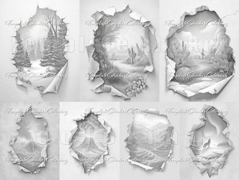 Torn Paper Landscape Coloring Book, Grayscale Nature Scenes Pages ...