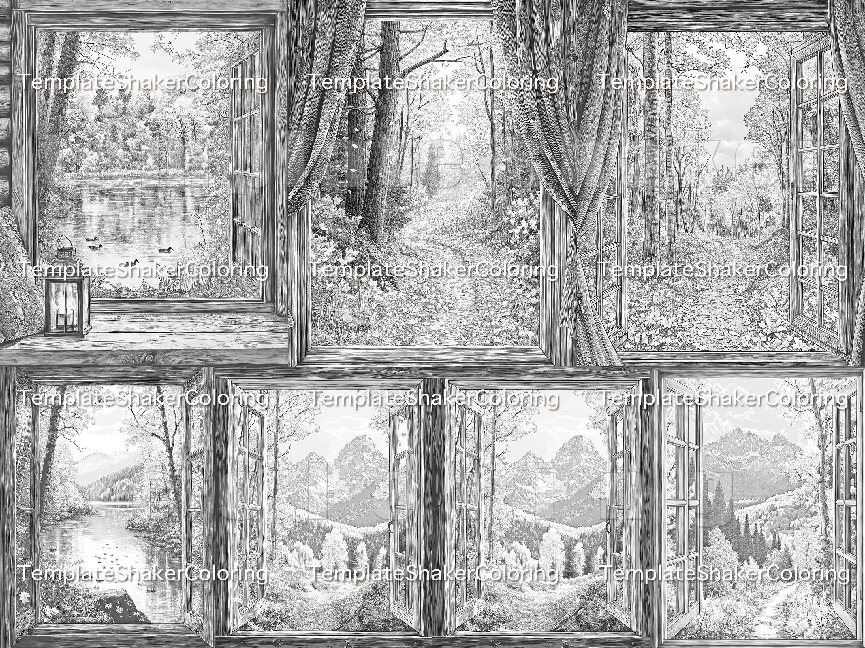 Autumn Window Landscapes Coloring Book: Grayscale Pages, Fall Scenes ...