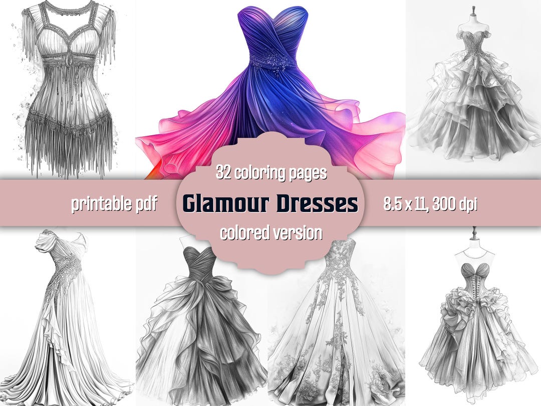32 Glamour Evening Dresses Coloring Pages, Fashion Style Grayscale ...