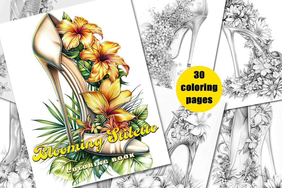 30 Floral Stiletto Coloring Pages Flower High Heels Grayscale Coloring ...